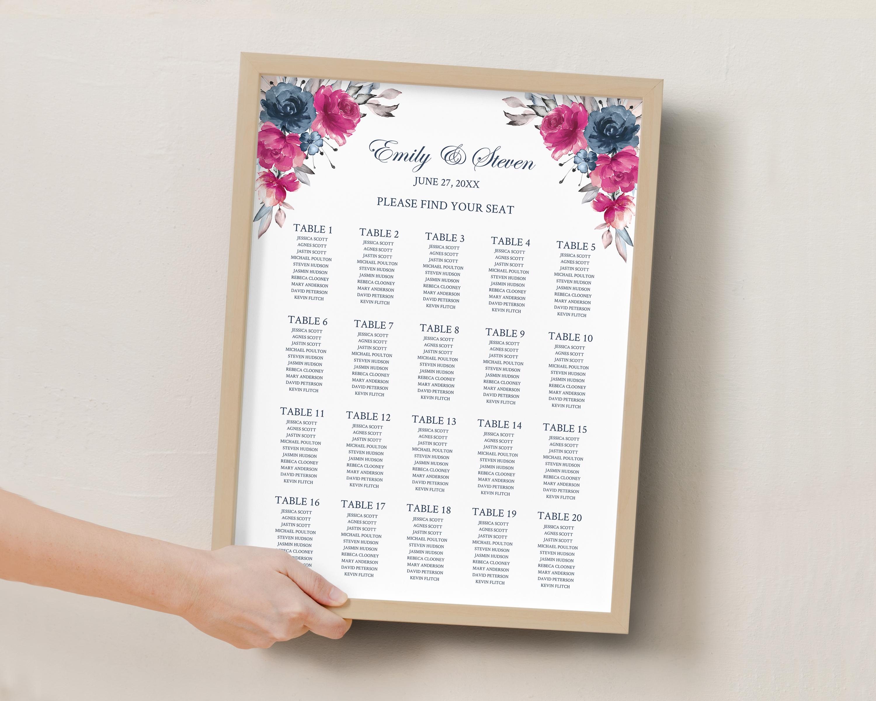 Hot Pink and Navy Blue Seating Chart Template, Table Order Template ...