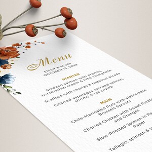 Terracotta, Navy Blue and Ivory Menu Template wedding, Bridal Shower ...