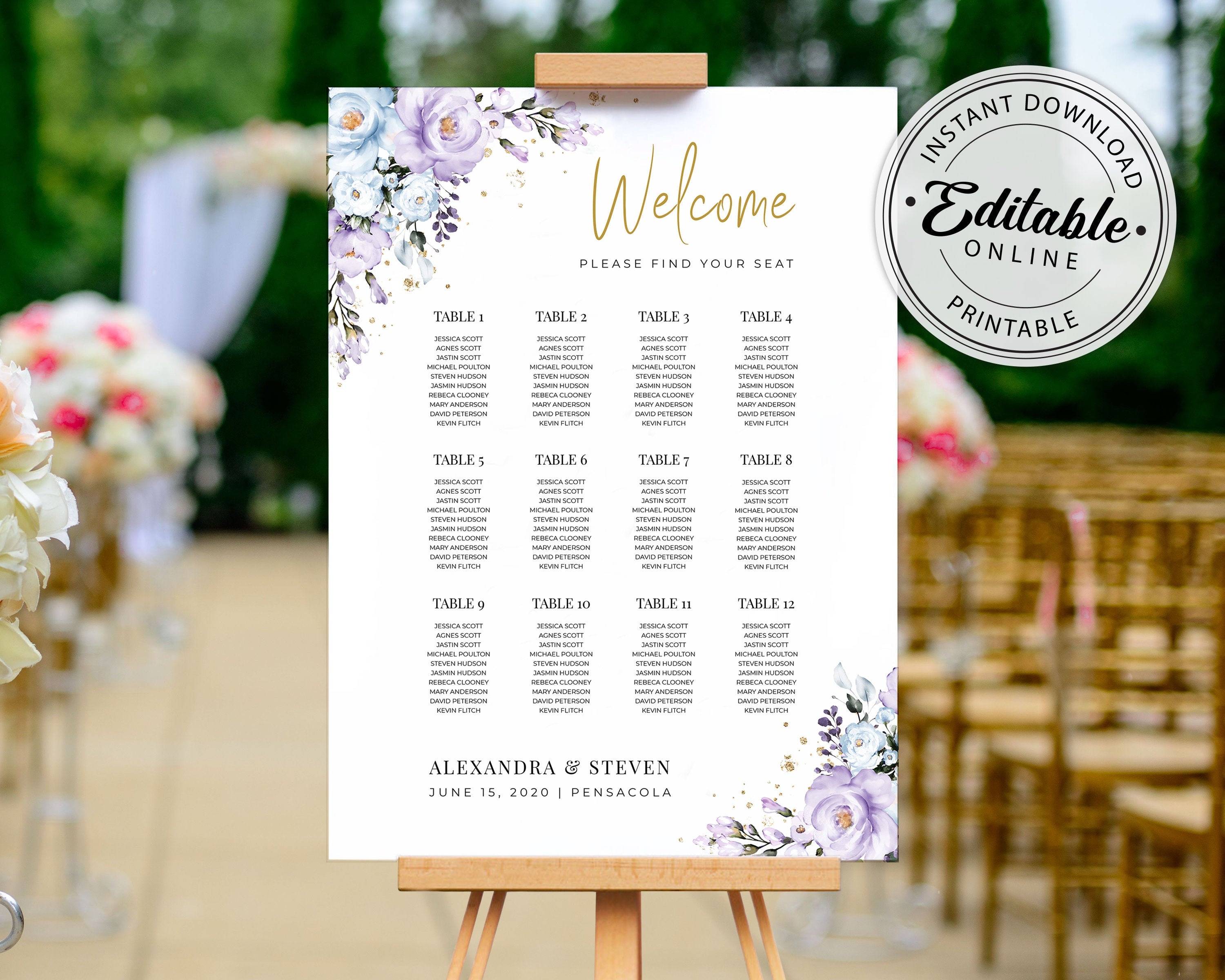 Lavender & Blue Wedding Seating Chart Template, Floral Seating Plan ...