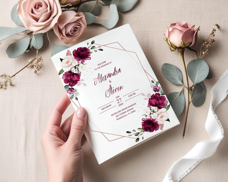 Bi-fold Wedding Program Template With Burgundy Roses, Wedding Booklet ...