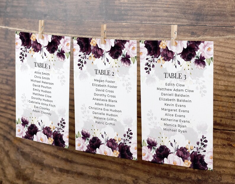Purple Wedding Seating Table Cards Template • INSTANT DOWNLOAD ...