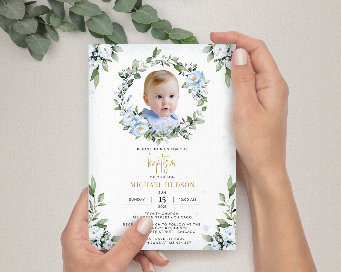 Blue Baptism Invitation Template With Photo First Holy - Etsy