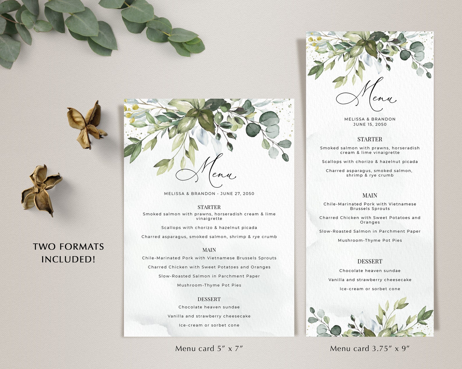 Greenery Menu Template With Eucalyptus wedding, Bridal Shower, Dinner ...