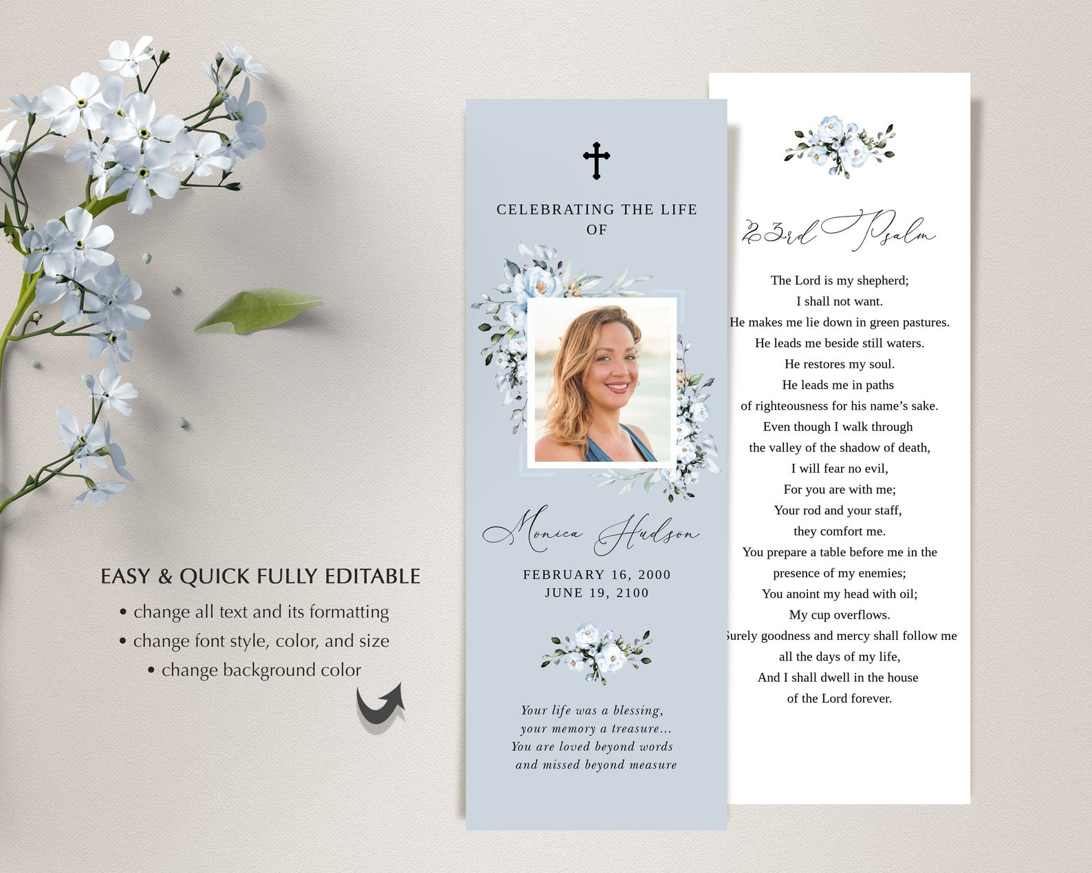 Light Blue Funeral Bookmark Template, Printable Bookmark, Funeral ...