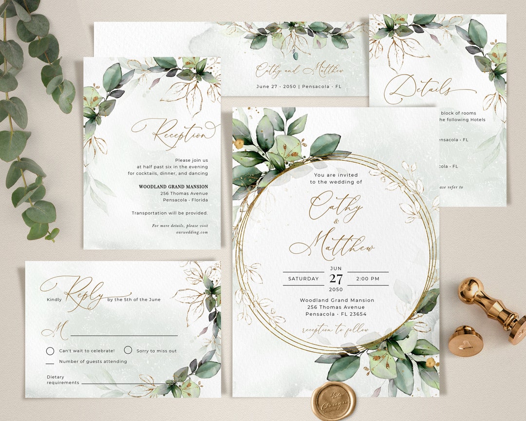 Greenery Wedding Invitation Template Set, Greenery Wedding Invite ...