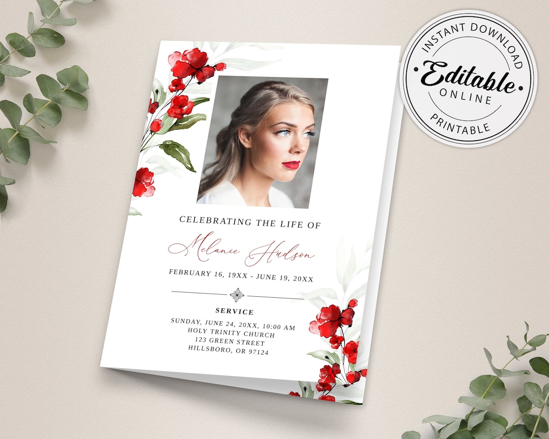 Printable Red Poppies Funeral Program Template, Memorial Program ...