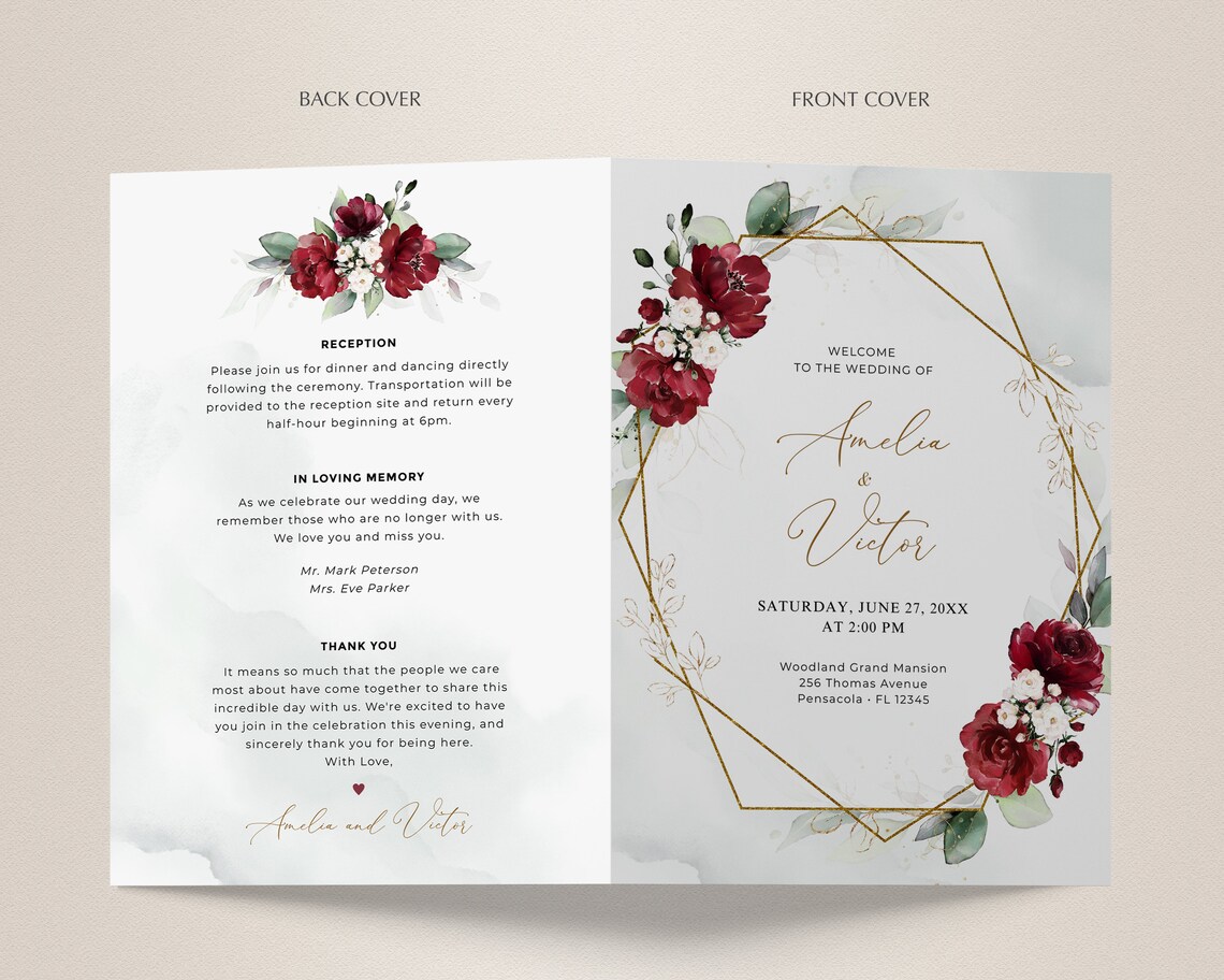 Bi-fold Wedding Program Template With Burgundy Roses Wedding - Etsy UK
