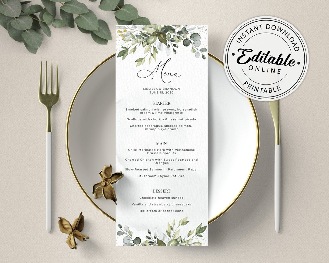 Greenery Menu Template With Eucalyptus (wedding, Bridal Shower, Dinner ...