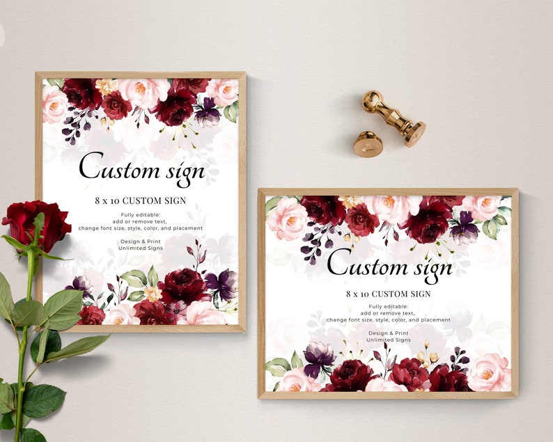 Burgundy Wedding Custom Sign Template, Portrait and Landscape • INSTANT ...