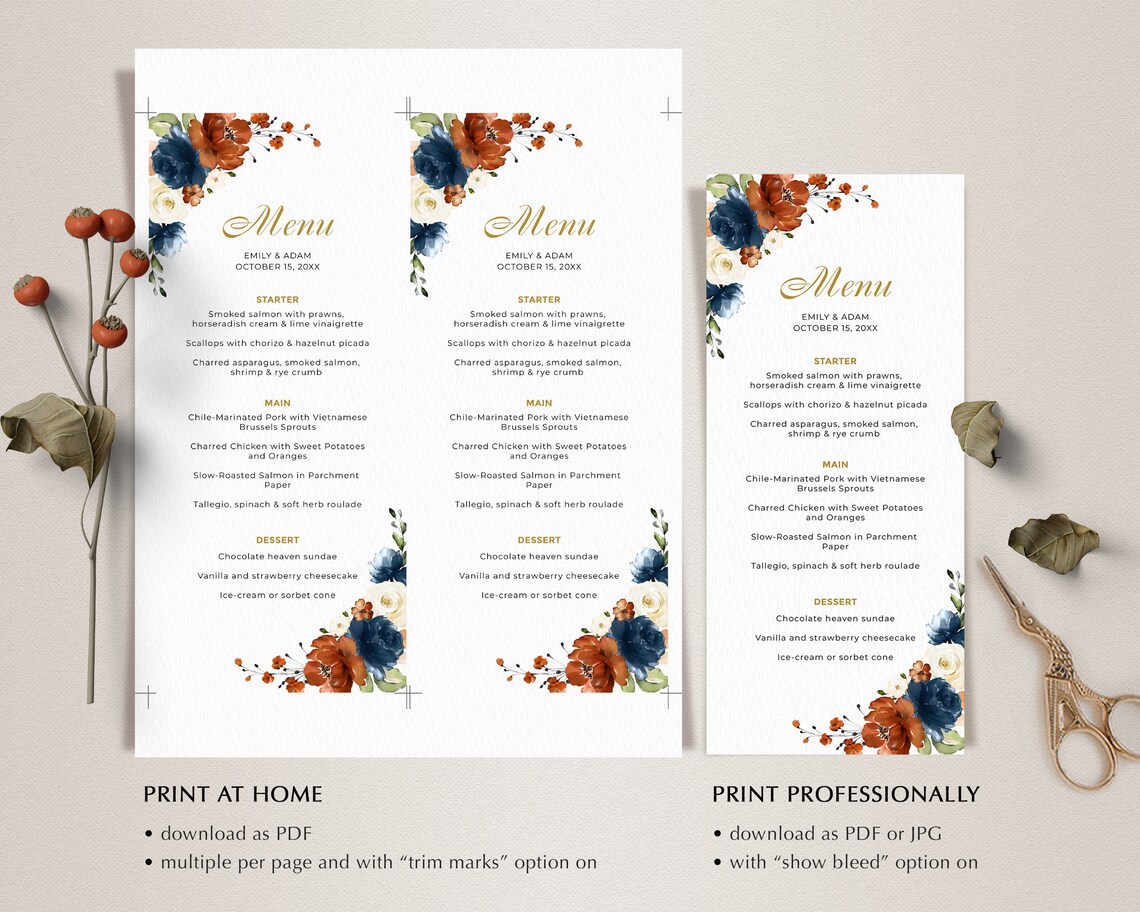 Terracotta, Navy Blue and Ivory Menu Template (wedding, Bridal Shower ...