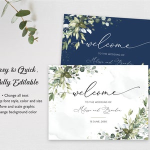 Boho Greenery Wedding Welcome Sign Template With Eucalyptus | Etsy