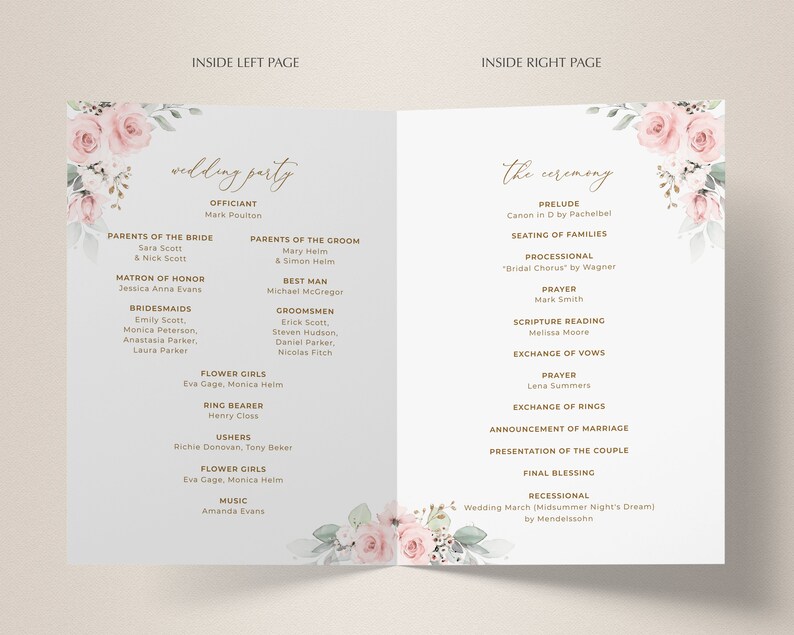 Folded Wedding Program Template With Pink Roses Wedding Order - Etsy UK