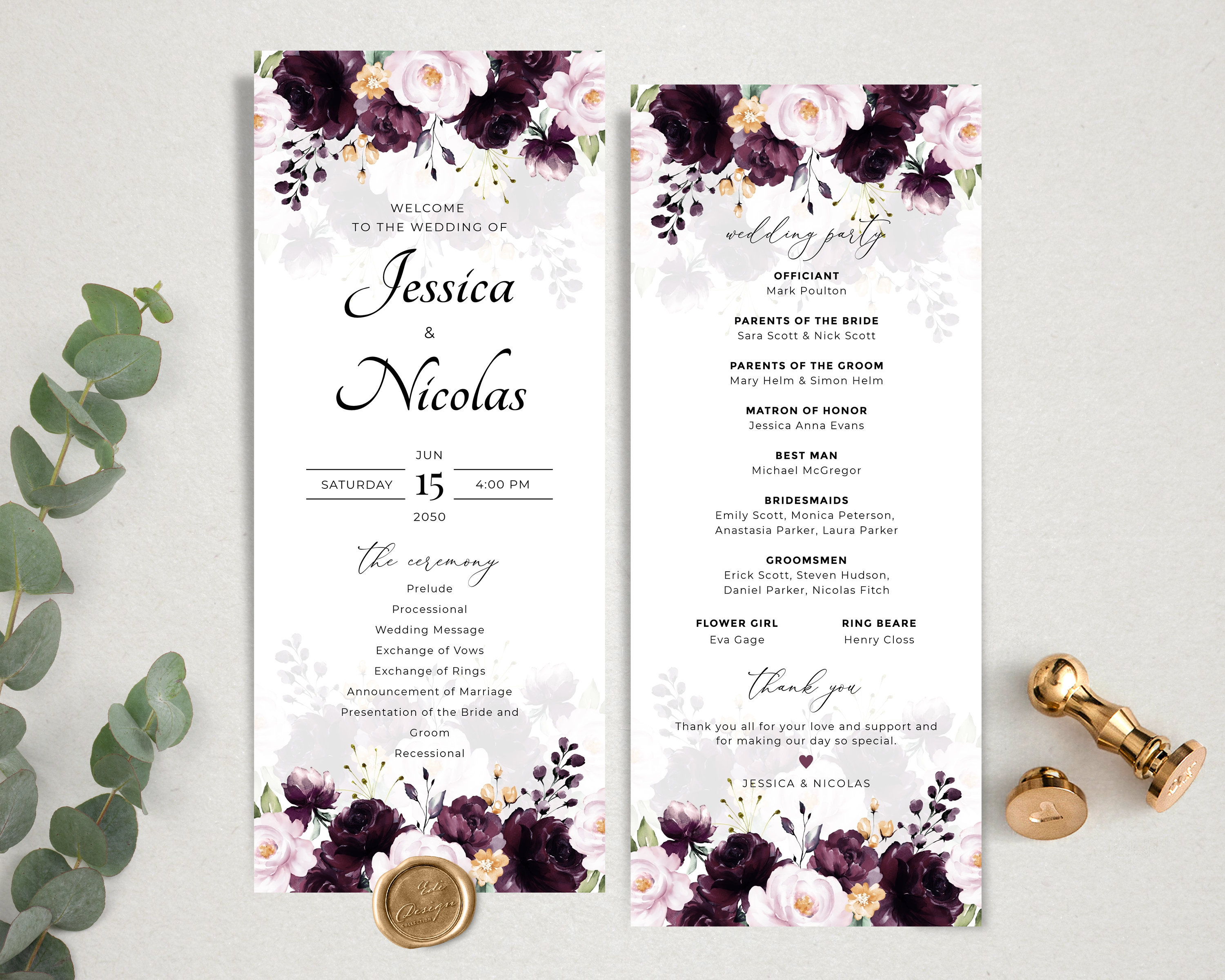 Wedding Program Template With Purple Roses Dark Plum Wedding | Etsy