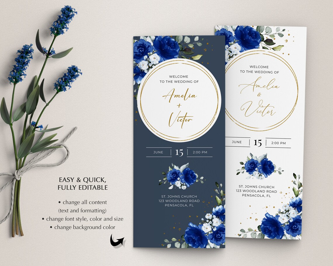Trifold Wedding Program Template, Royal Blue and Gold Program Template ...