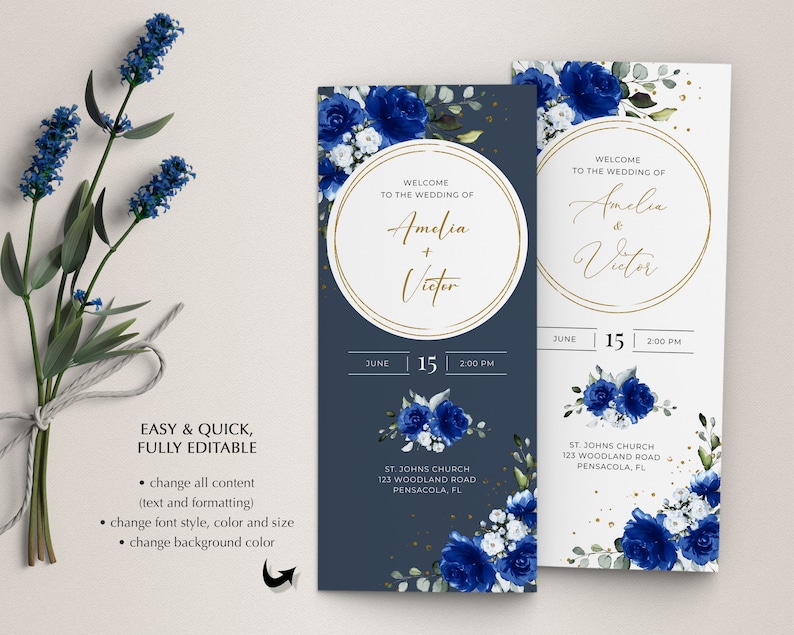 Trifold Wedding Program Template Royal Blue and Gold Program - Etsy