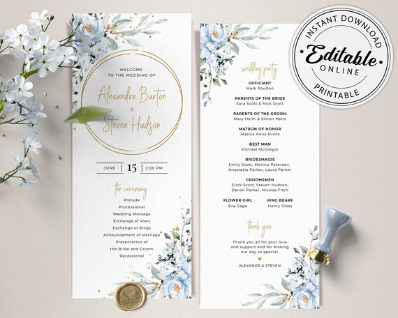 Blue Wedding Program Template Printable Floral Wedding | Etsy