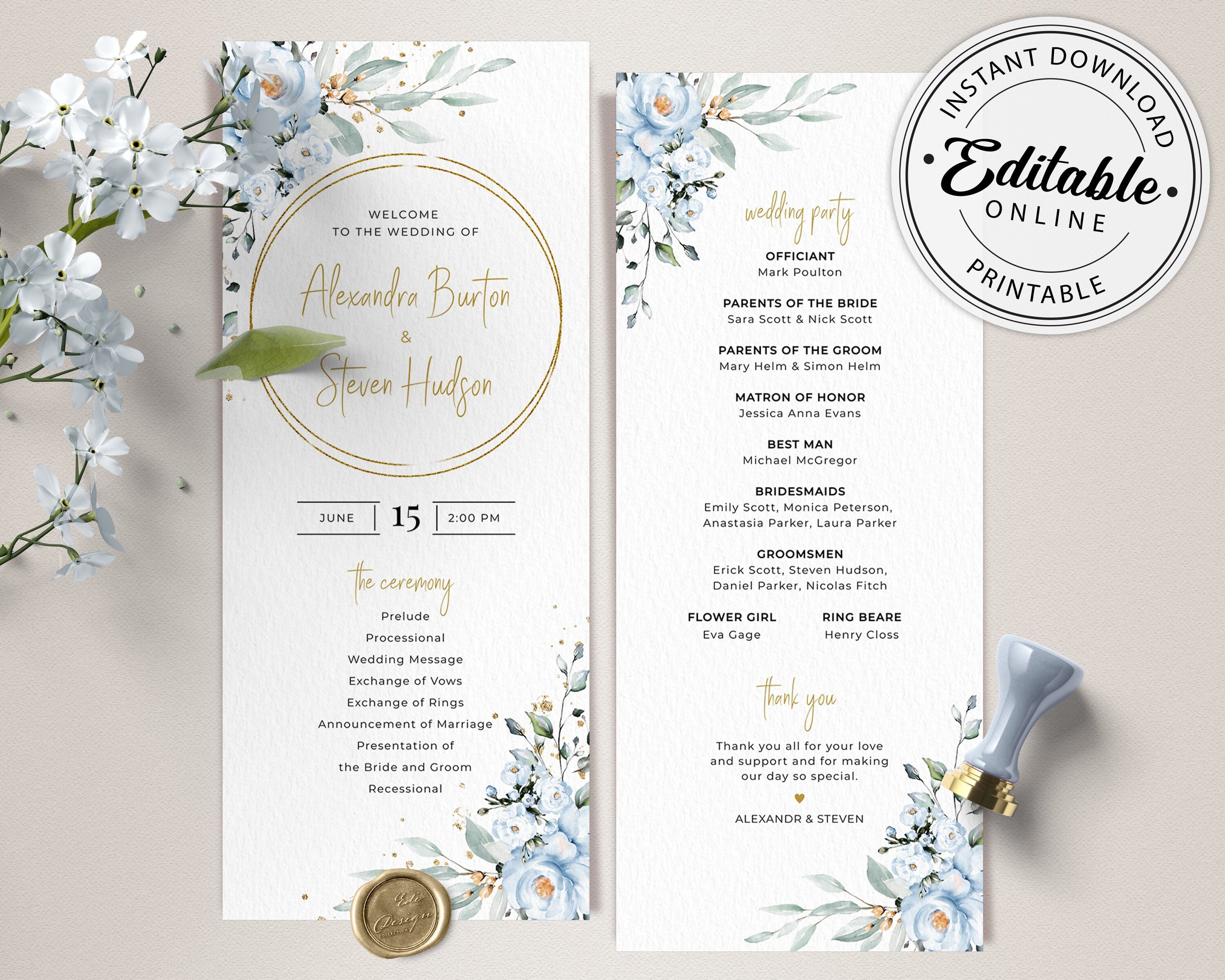Blue Wedding Program Template Printable Floral Wedding - Etsy Canada