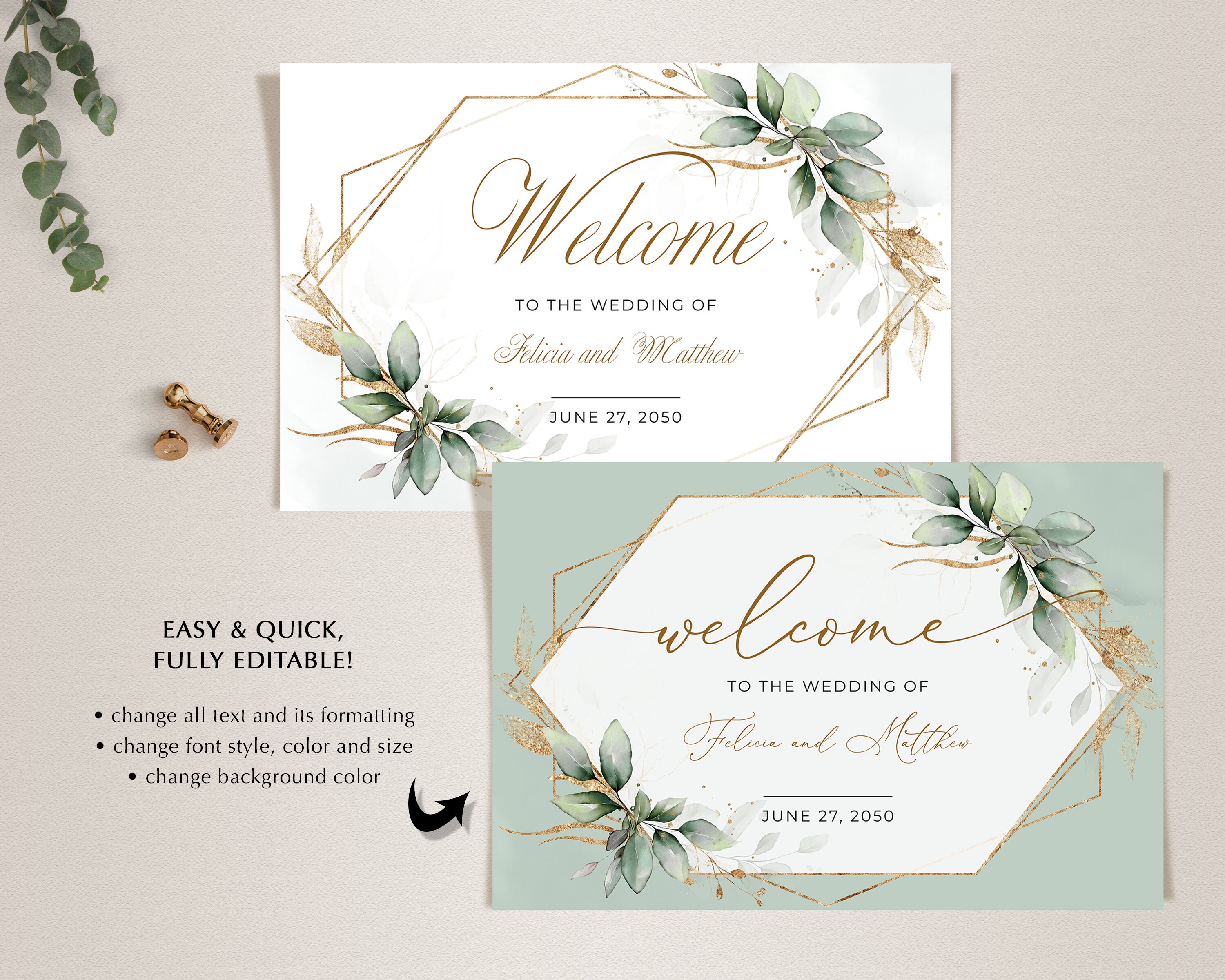 Boho Greenery Wedding Welcome Sign Template (vertical, Horizontal ...