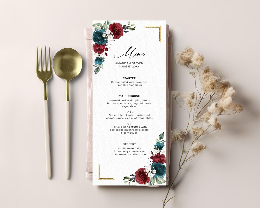 Burgundy and Dark Teal Menu Template (wedding, Bridal Shower, Dinner ...