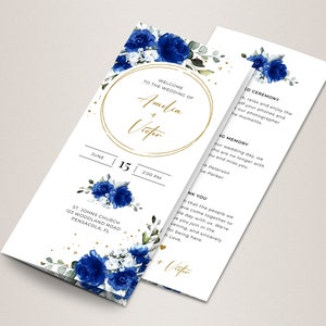 Trifold Wedding Program Template, Royal Blue and Gold Program Template ...