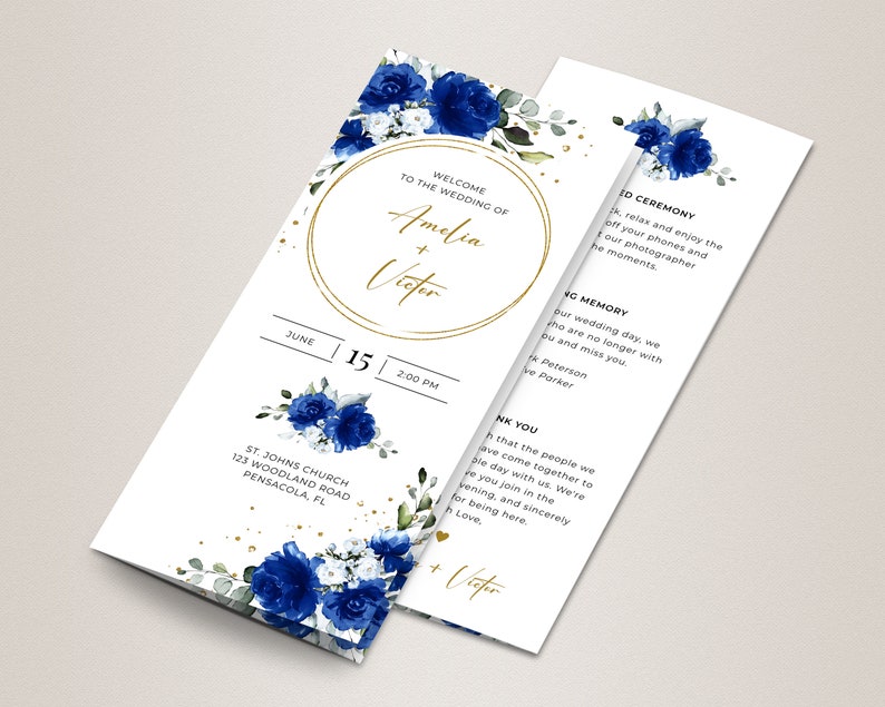 Trifold Wedding Program Template Royal Blue and Gold Program - Etsy