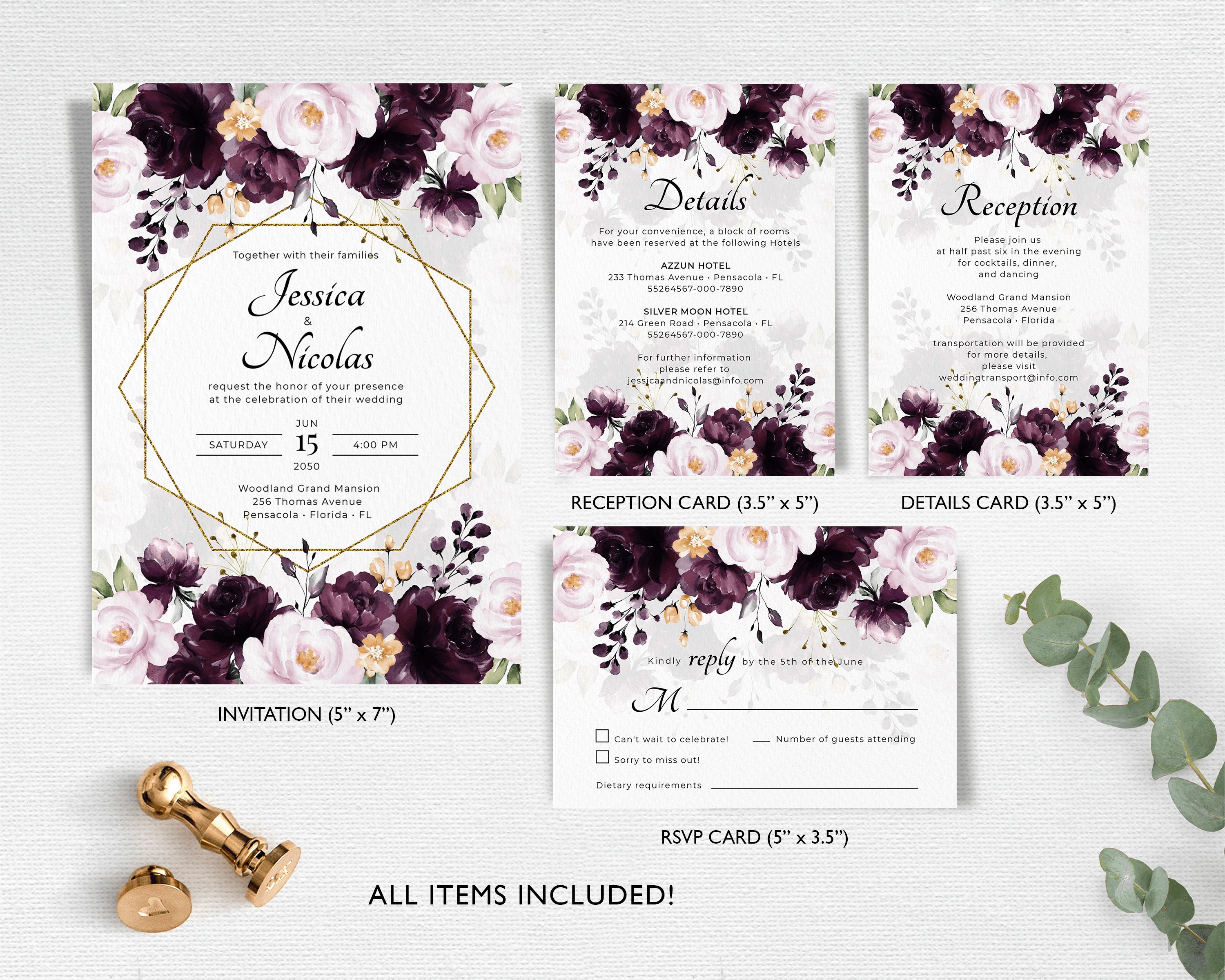 Purple Wedding Invitation Template Set Wedding Invite With | Etsy