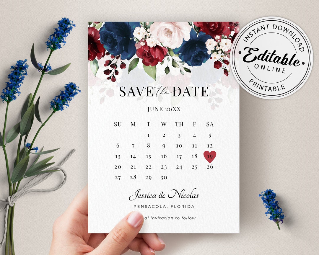 Burgundy and Navy Blue Calendar Wedding Save the Date Template ...
