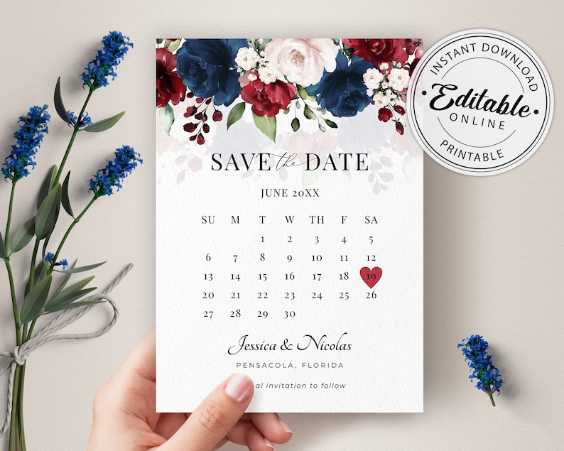 Burgundy and Navy Blue Calendar Wedding Save the Date Template - Etsy