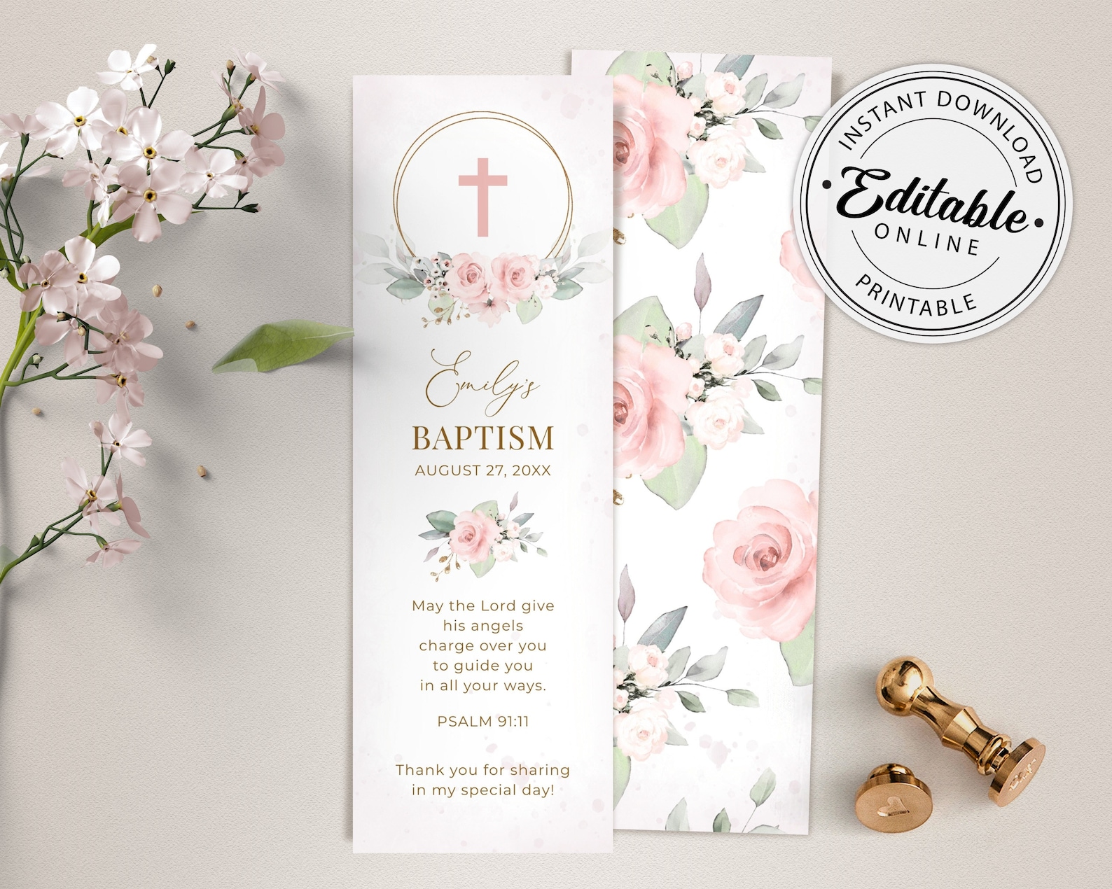 Baptism Bookmark Template With Pink Roses Baptism Prayer Card - Etsy