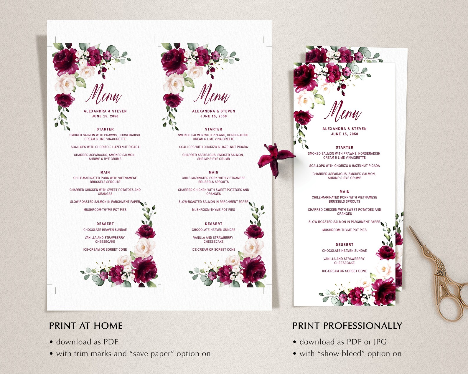 Boho Menu Template With Burgundy Roses wedding Bridal | Etsy