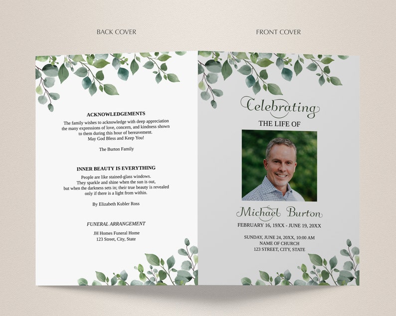 Greenery Funeral Program Template Editable Printable - Etsy Australia