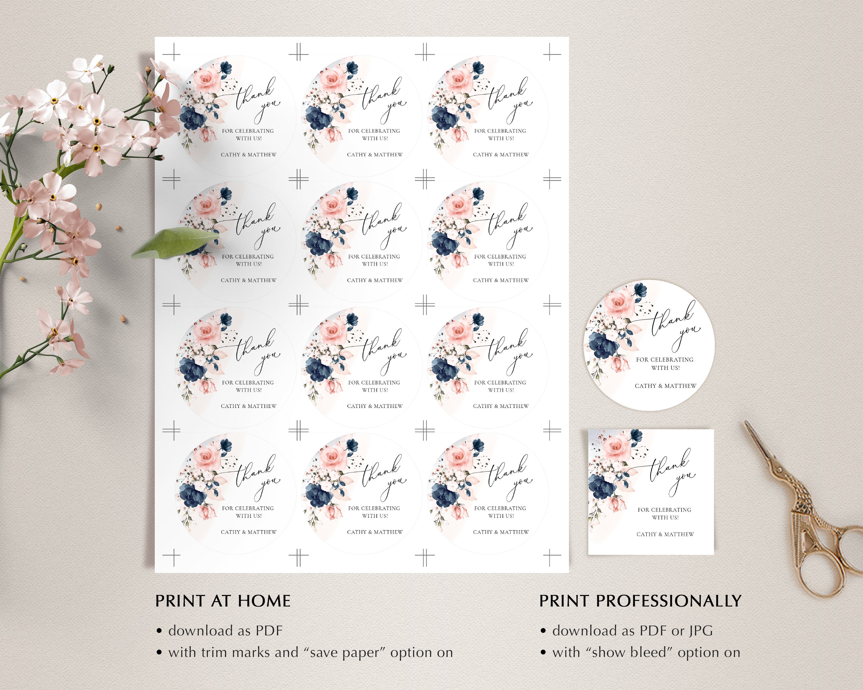 Navy Blue and Blush Pink Favor Tag Template Gift Tag - Etsy