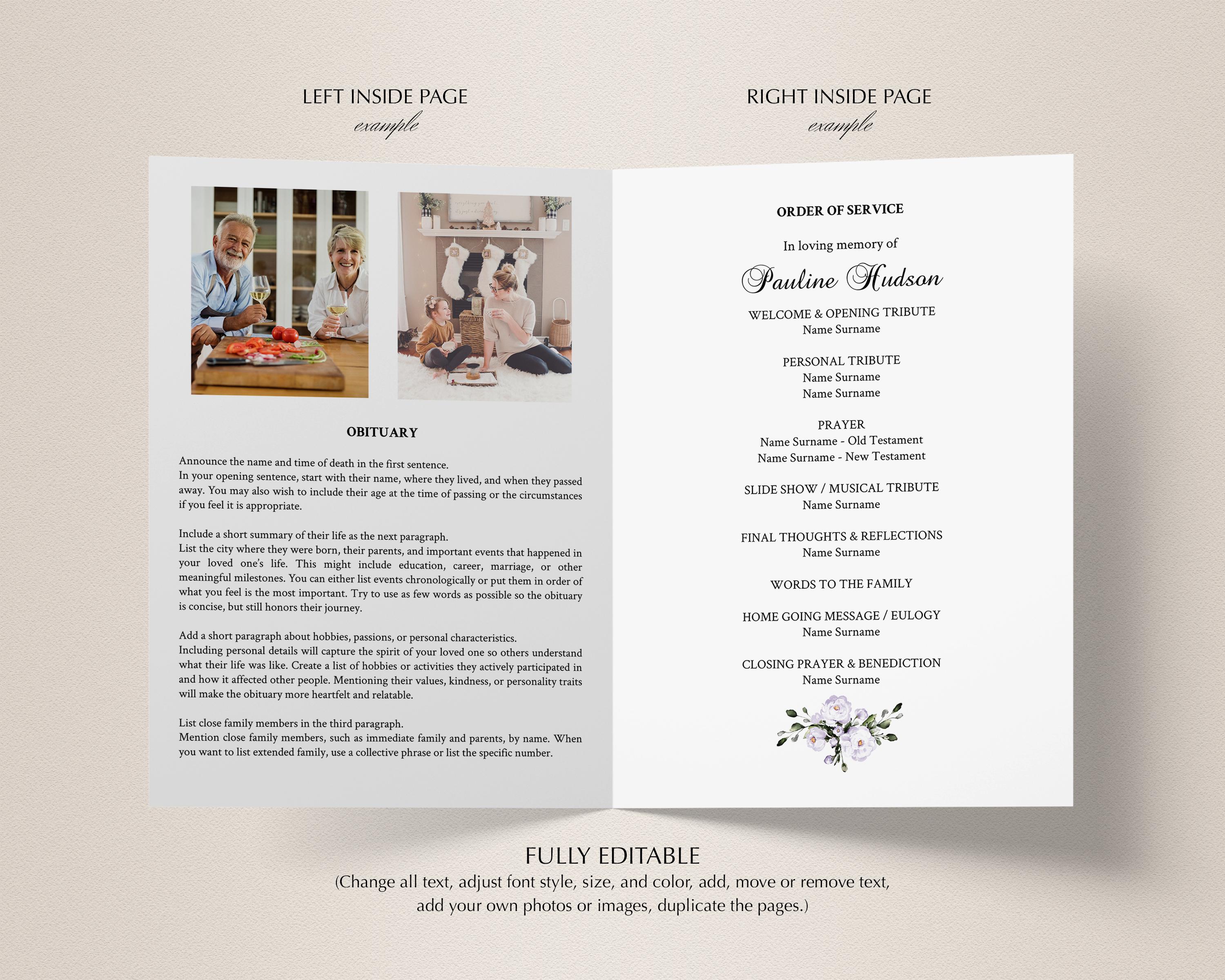 Lavender Editable Funeral Program Template, Funeral Order of Service ...