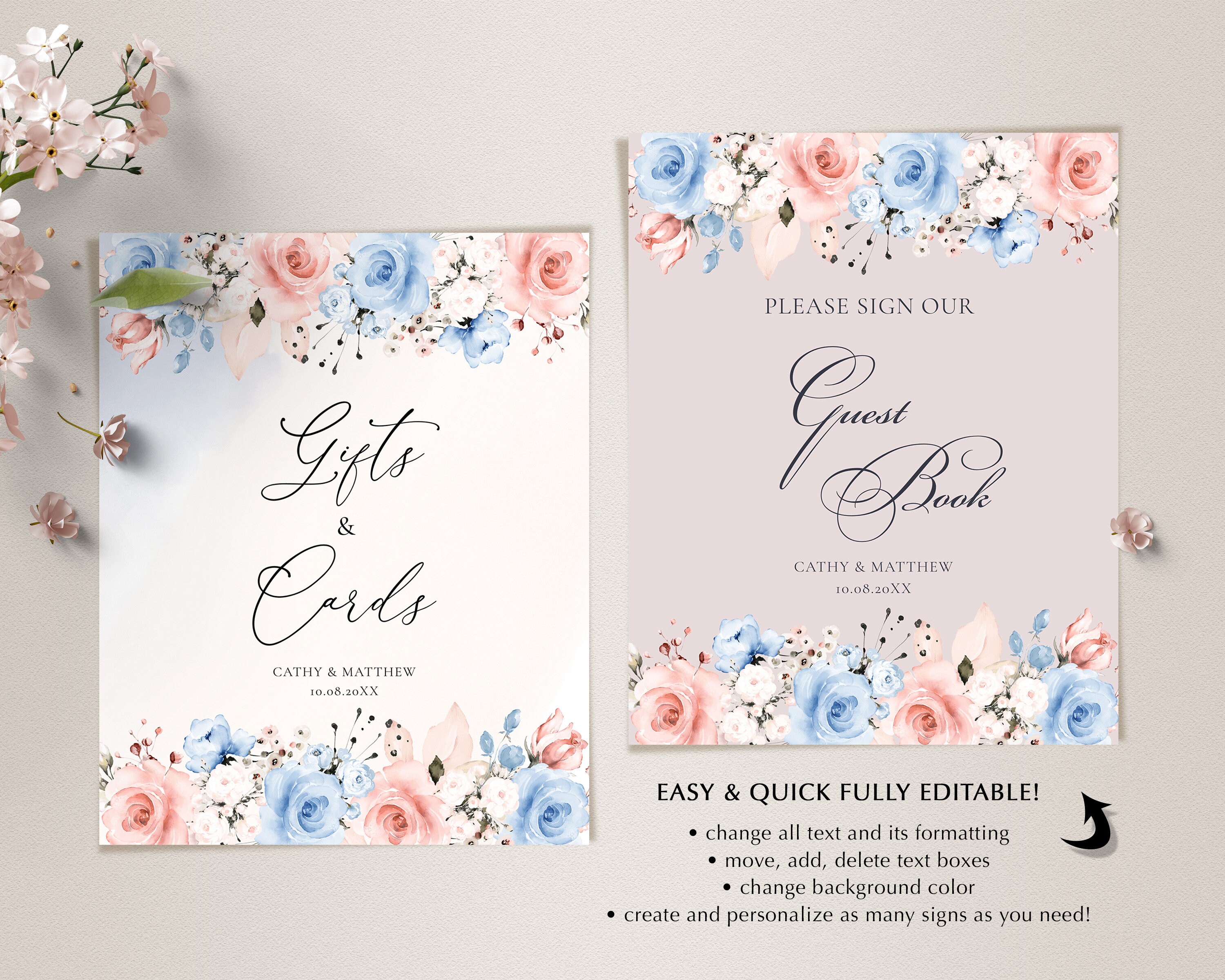 Custom Sign Template With Blue and Blush Pink Roses Portrait - Etsy