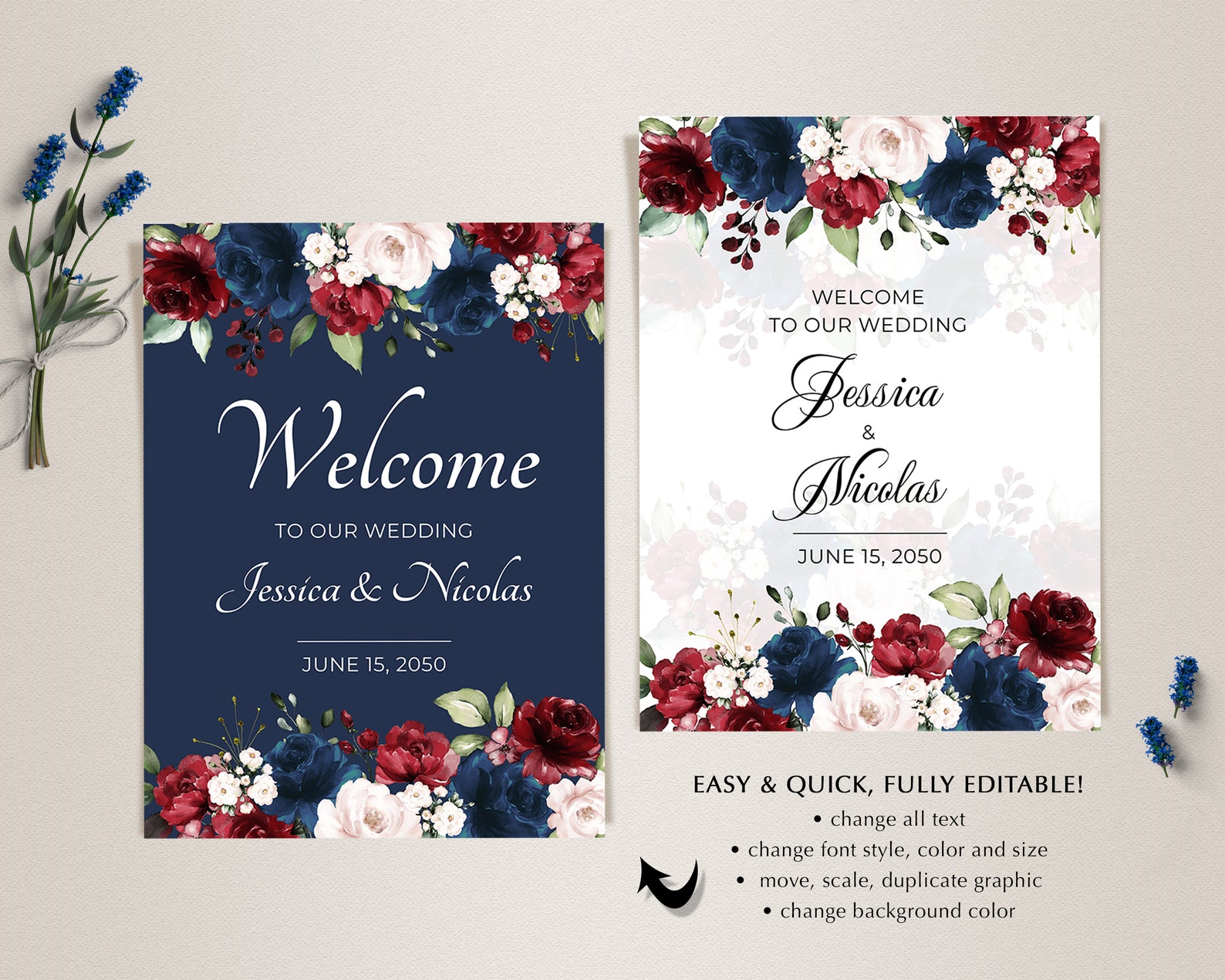 Burgundy and Navy Blue Wedding Welcome Sign Template Floral - Etsy