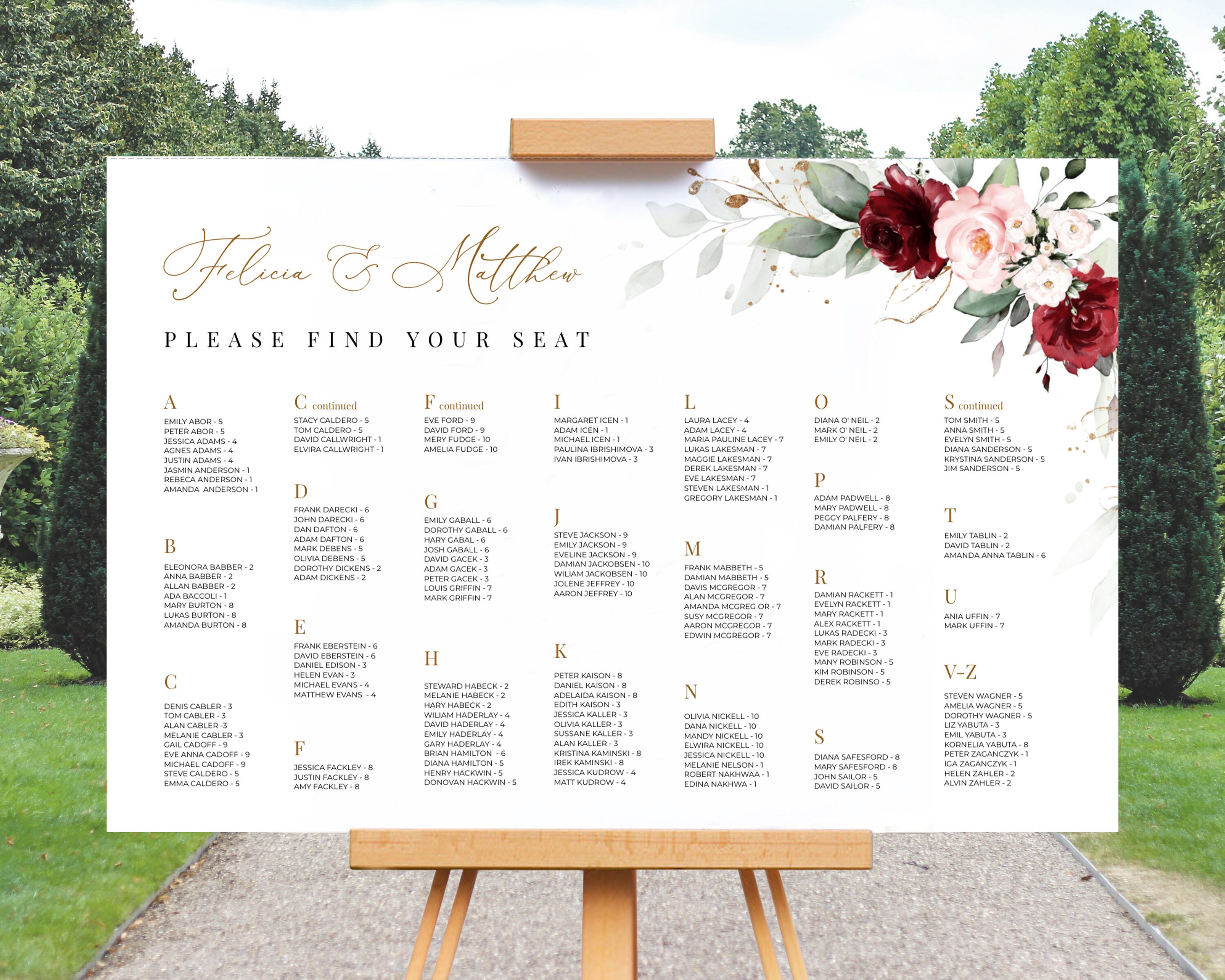 Alphabetical Wedding Seating Chart Template With Burgundy and | Etsy