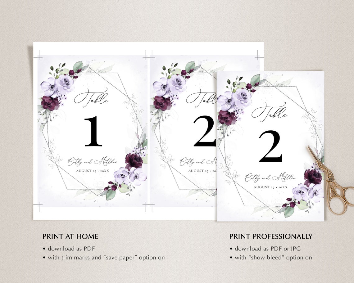 Lavender and Purple Wedding Table Numbers Template Floral - Etsy
