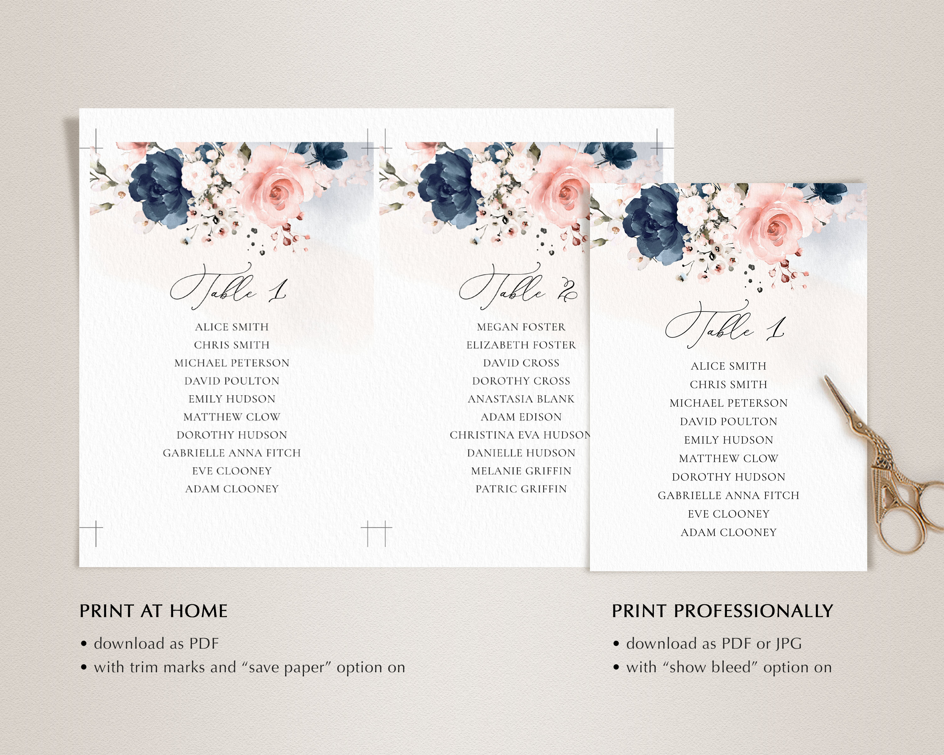 Navy Blue and Blush Pink Wedding Seating Table Cards - Etsy