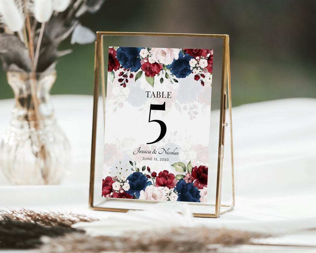 Navy Blue and Burgundy Table Numbers Template, Wedding Table Number ...
