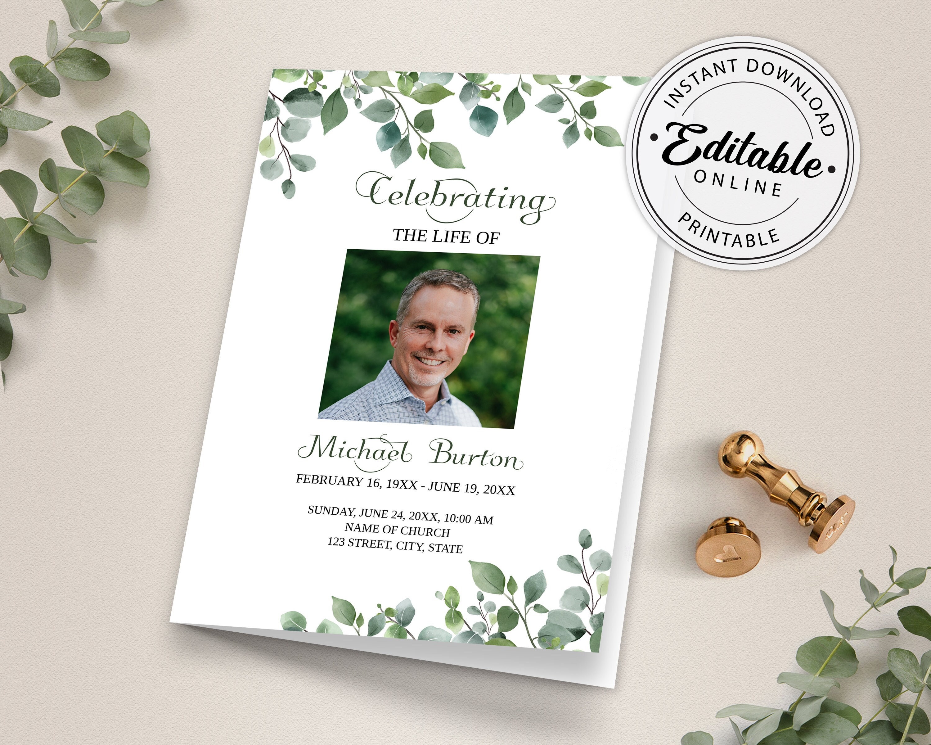 Greenery Funeral Program Template, Editable, Printable Memorial Service ...