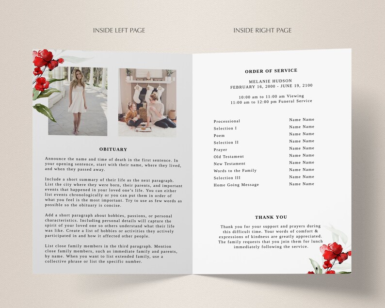 Printable Red Floral Funeral Program Template Memorial - Etsy Canada