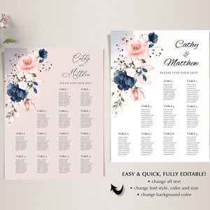 Navy Blue and Blush Pink Seating Chart Template • INSTANT DOWNLOAD ...