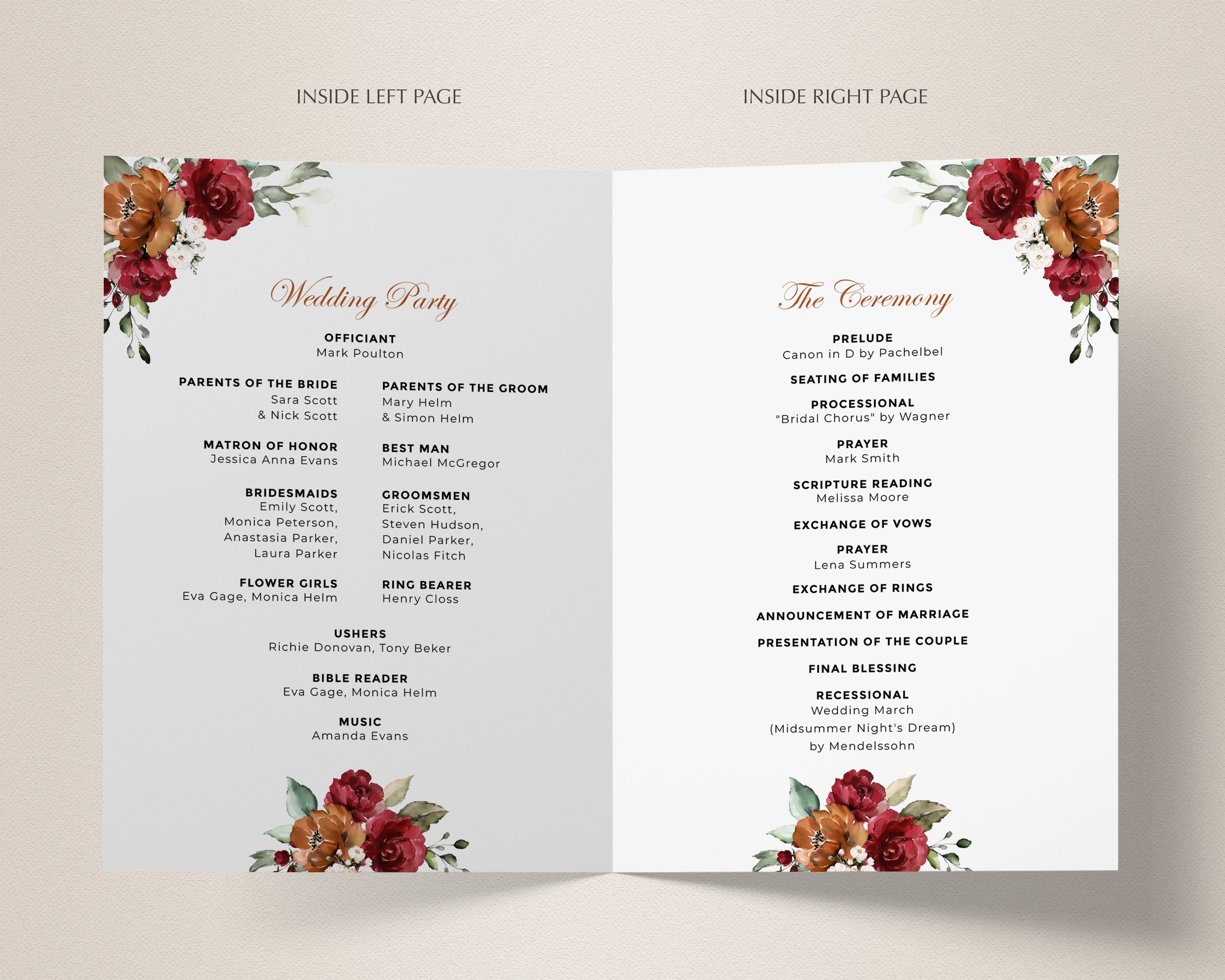 Bi-fold Wedding Program Template With Burgundy and Terracotta - Etsy