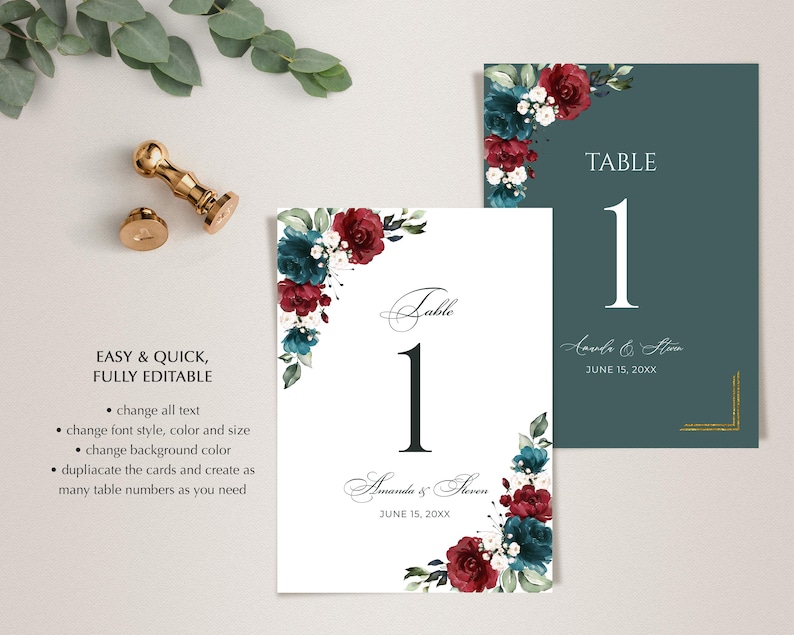 Burgundy and Dark Teal Table Numbers Template • INSTANT DOWNLOAD ...