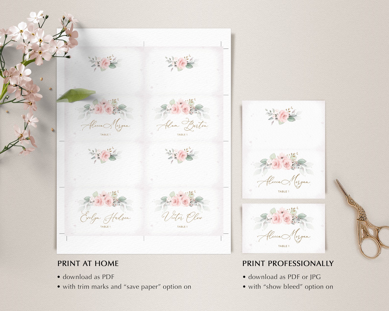 Light Pink Place Card Template Dusty Pink Place Card Flat and | Etsy