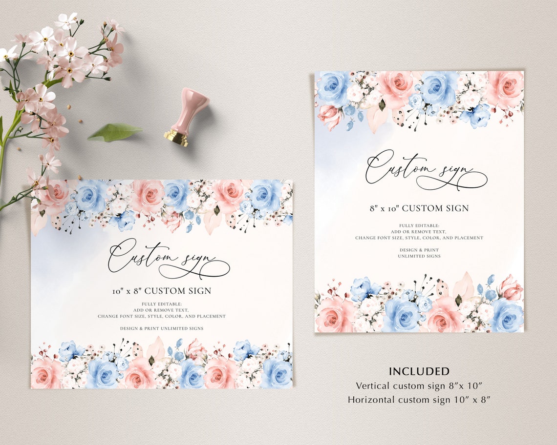 Custom Sign Template With Blue and Blush Pink Roses Portrait - Etsy