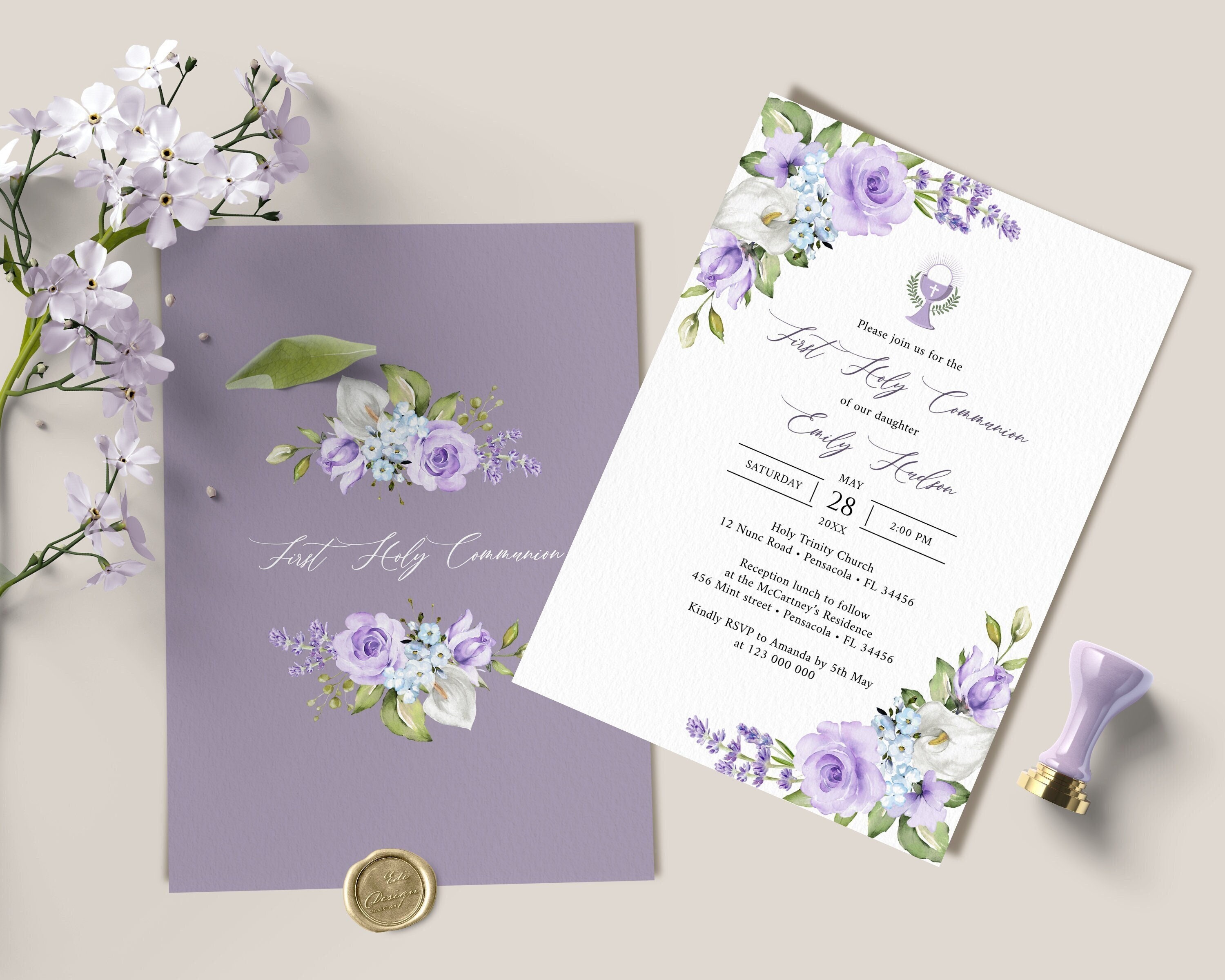 Lavender White and Blue First Holy Communion Invitation - Etsy UK