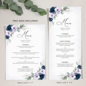 Navy Blue and Lavender Menu Template (wedding, Bridal Shower, Dinner ...
