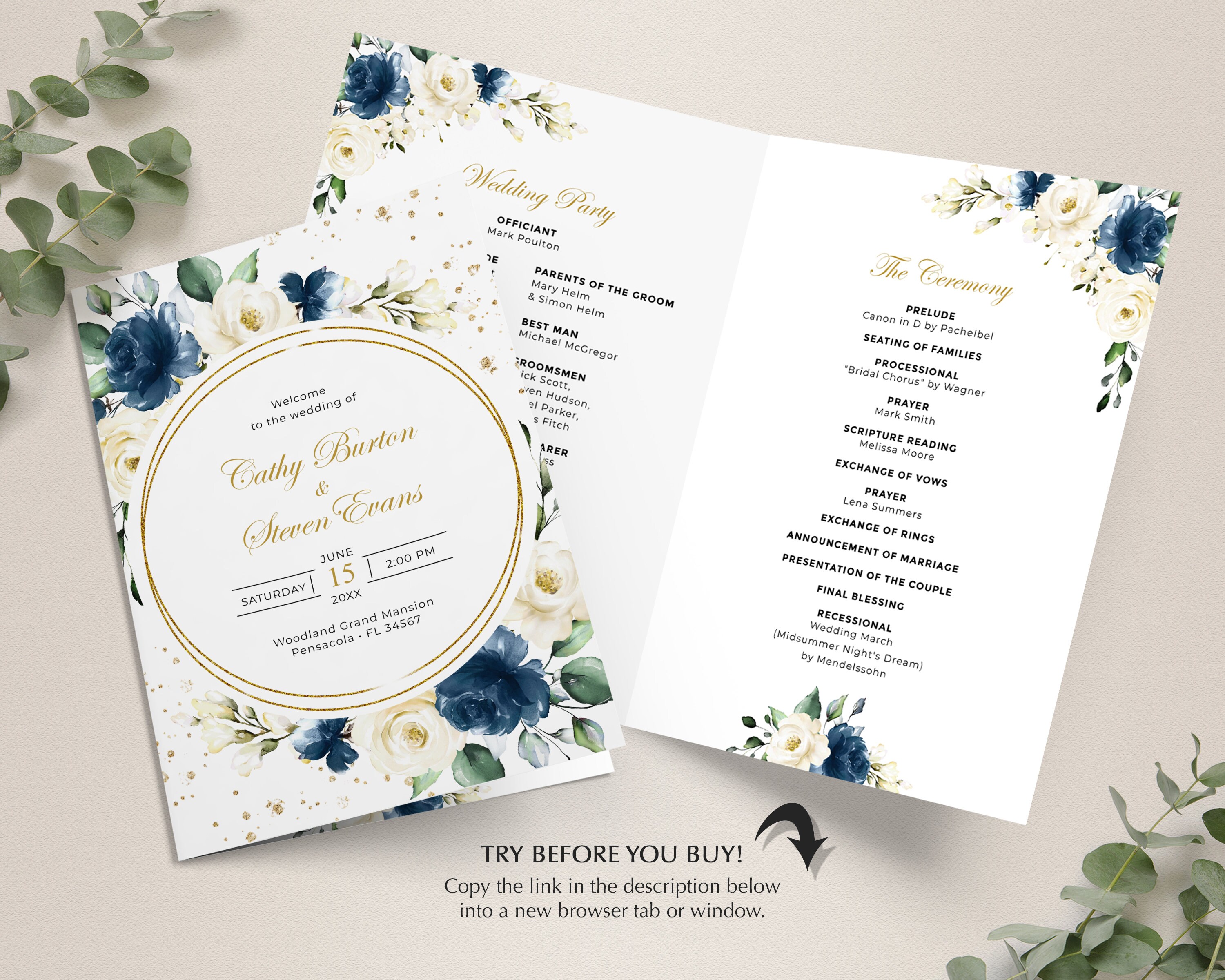 Bi-fold Wedding Program Template With Ivory and Blue Roses - Etsy