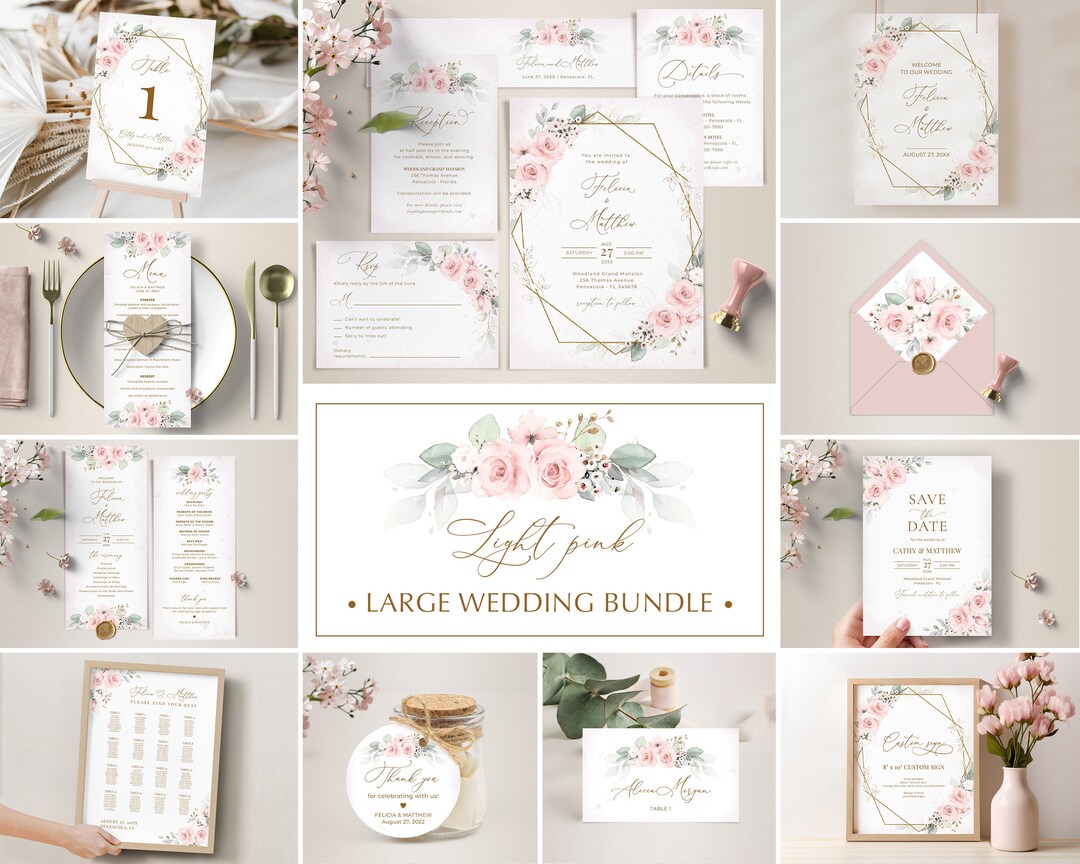 Light Pink Wedding Invitation Template Big Bundle, Template Suite ...